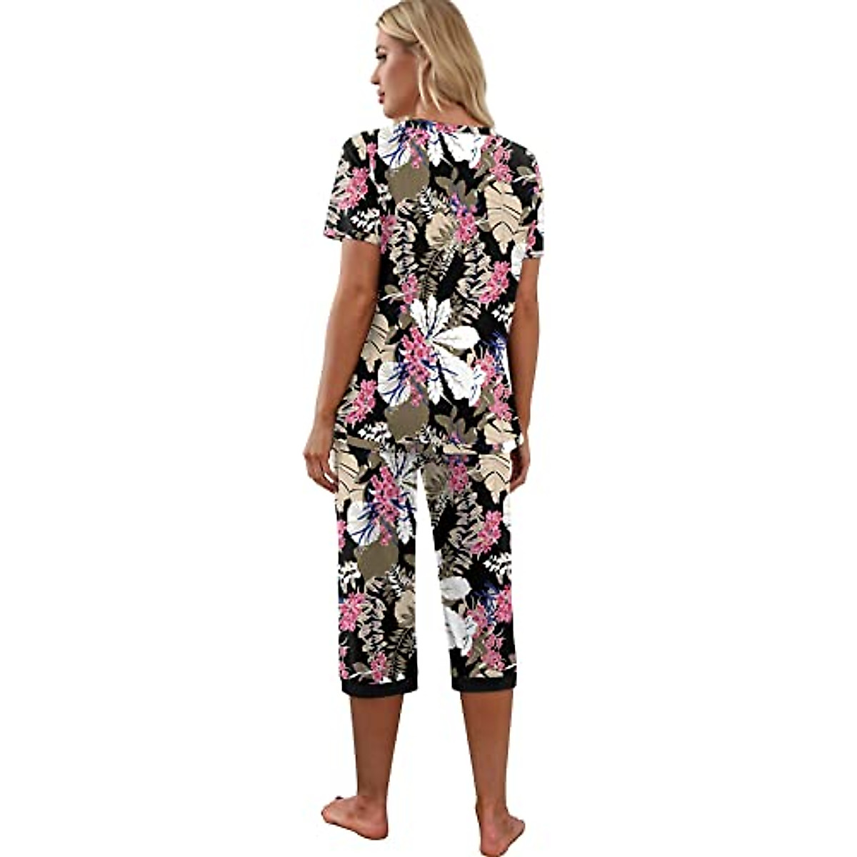 PrinStory Women's Pajama Set Short Sleeve Shirt and Capri Pants Sleepwear Pjs Sets with Pockets FP-Big Leaf Pink-Large