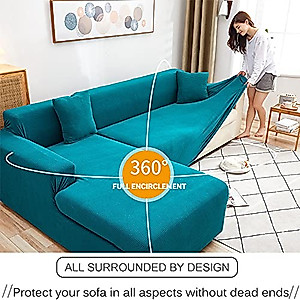 TVPFM Jacquard 2 Piece Sectional Couch Covers, Spandex Soft Stretch Sofa Slipcover Elastic Bottom Washable L-Shaped Sofa Covers for Living Room Pets Cat Dog-Blue C-4 Seater+4 Seater