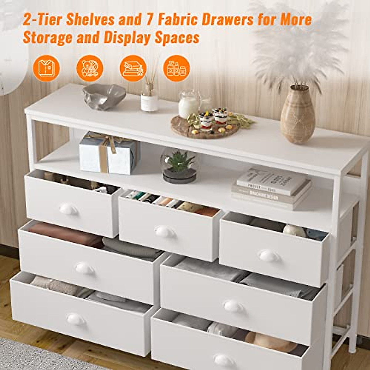 Furologee White TV Console Table, TV Stand with 7 Storage Drawer, Sofa Table with 2-Tier Shelves, Entertainment Center for 45" TV, Storage Fabric Drawer Unit for Bedroom, Living Room, Entryway