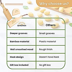 Qualiteia Gnocchi Board Set for Rolling Dough - 2 Pcs Paddles Rollers 1 Pc Cutter Authentic Pasta Shaper Tools Butter Maker Garganelli Cavatelli Tortellini Cavarola Roller Great Cutlery Gift, 9