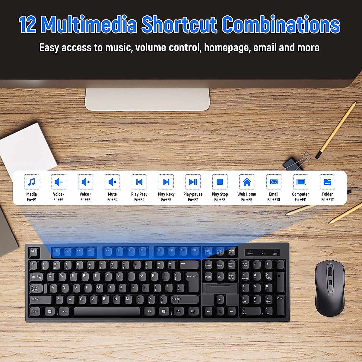 Wireless Keyboard and Mouse Combo-Full Size QWERTY Layout 2.4G Stereo Keycap Ergonomically Designed for Laptop,PC,Notebook,Windows,Computer Wired Numeric keypad,with USB-A&USB-C 2-in-1 Receiver