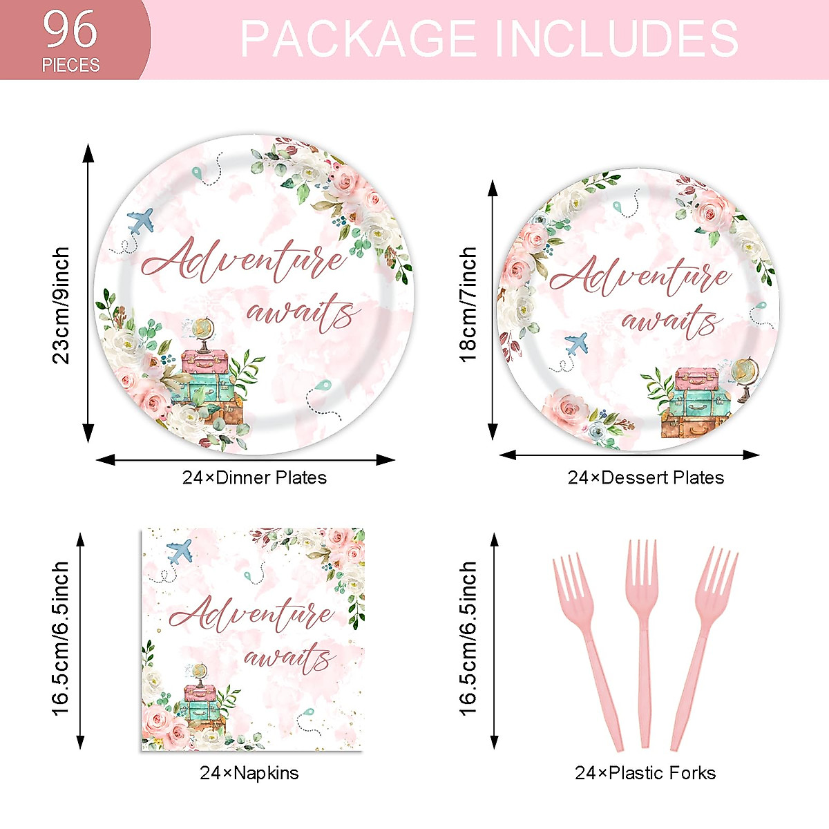 96 Pcs Adventure Awaits Baby Shower Tableware Set World Map Flower Travel and Adventure Begins Dinnerware for Girl Women Bridal Shower Party Decorations Plates Napkins Favors Serves 24 Guests