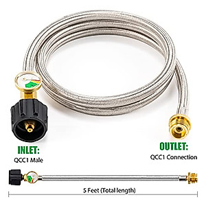 5FT Propane Adapter Hose with Gauge, Stainless Braided Hose extension for most gas appliance, Propane Quick Connect Hose Fits most gas grill, portable generator, Acme to QCC fitting