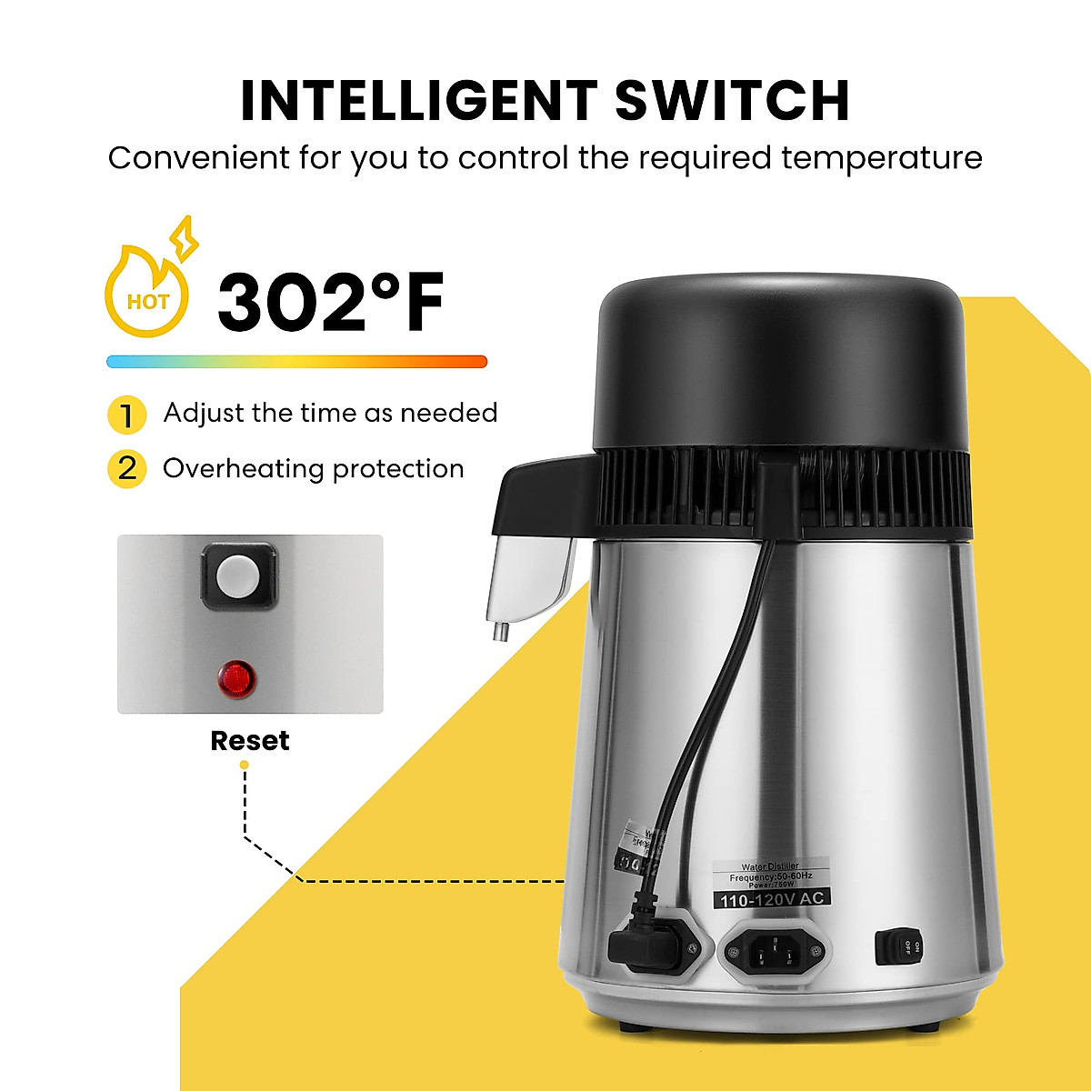 VIVOHOME Water Distiller Countertop 1.1 Gallon/4L Brushed 304 Stainless Steel Distilled Water Machine with an Extra Smart Switch Purifier Filter for Home Office