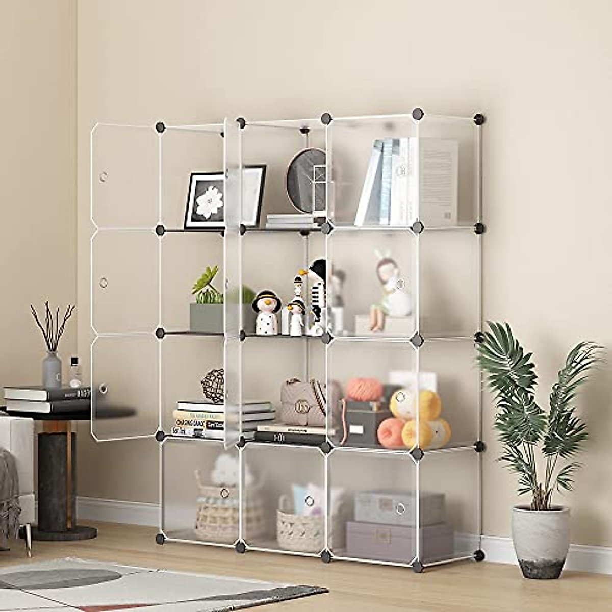 KOUSI Portable Storage Cubes-14 x14 Cube (12 Cube)-More Stable (add Metal Panel) Cube Shelves with Doors, Modular Bookshelf Units，Clothes Storage Shelves，Room Organizer for Cubby Cube