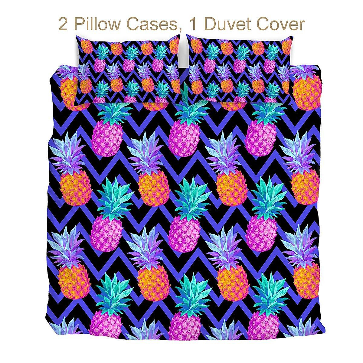 Sleepwish Pineapple Bedding Hawaiian Pineapples Wave Chevron Pattern Duvet Cover Set 3 Pieces Psychedelic Fruit Bed Set Purple Pink and Green (Twin)