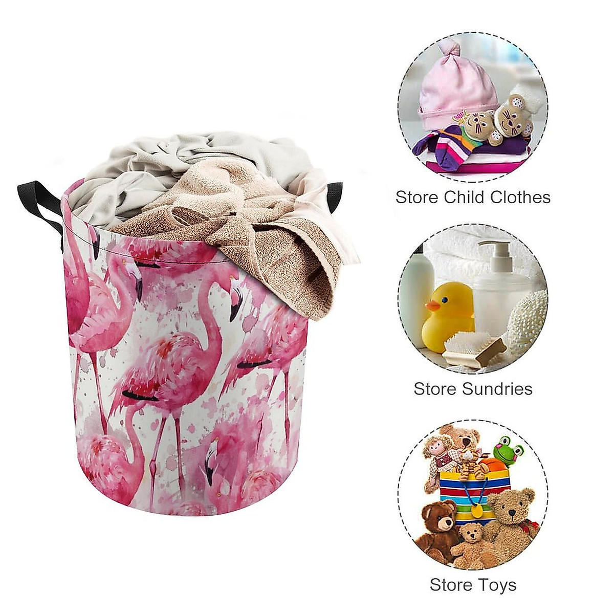 Watercolor Pink Flamingo Laundry Basket with Lid Collapsible Drawstring Clothes Hamper Storage with Handle