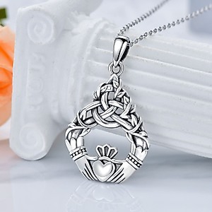 POTOPYY Celtic Claddagh Tree of Life Necklace 925 Sterling Silver Claddagh Celtic Pendant Necklace Tree of Life Necklace Jewelry for Women Men Mom Christmas Anniversary Mothers Day, 18+2 Inch