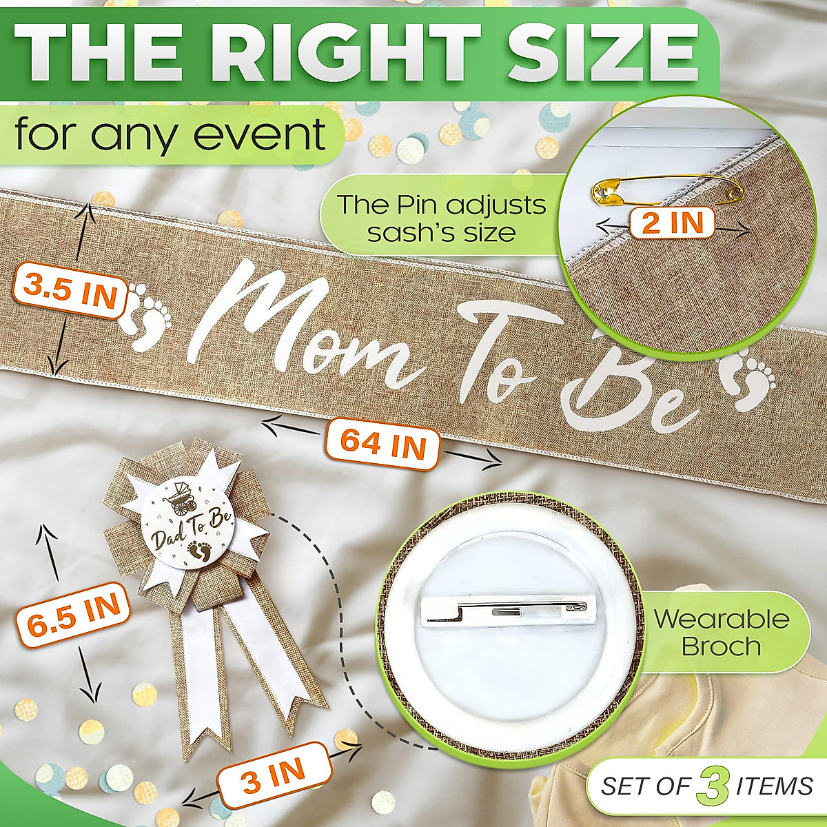 Mom to Be Sash Baby Shower Decorations Neutral Burlap Sashes Dad to Be Pin - Rustic Baby Shower Corsage Mom and Dad to Be Sash for Baby Shower - Mother to Be Sash Neutral Gender Reveal