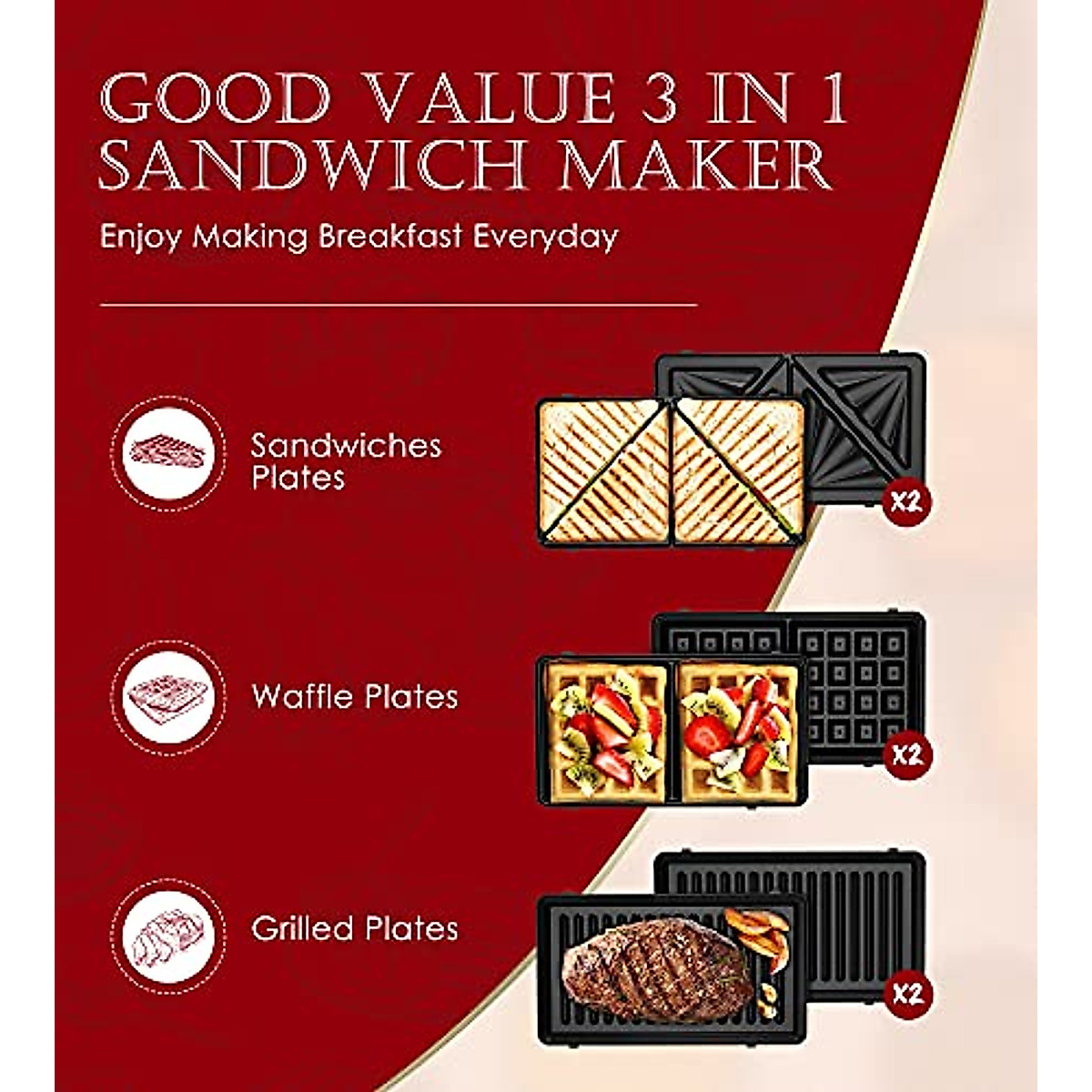 Omaiga Sandwich Maker 3 in 1, Waffle Maker, 750W Electric Panini Press Grill with Non-stick Removable Plates, Sandwich Press with LED Indicator Lights, Anti-Skid Feet, Portable Handle