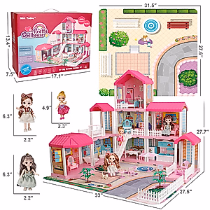 Mini Tudou Doll House Dreamhouse for Girls, Dollhouse with Lights, Play Mat and Dolls,DIY Building Pretend Play House with Accessories Furniture and Household Items,Playhouse for Girls 3-12 (9 Rooms)