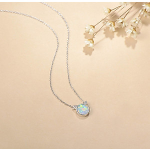 FANCIME Sterling Silver Cat Necklace White Created Opal Cat Pendant Cute Necklace Small Animal Jewerly For Women 18"