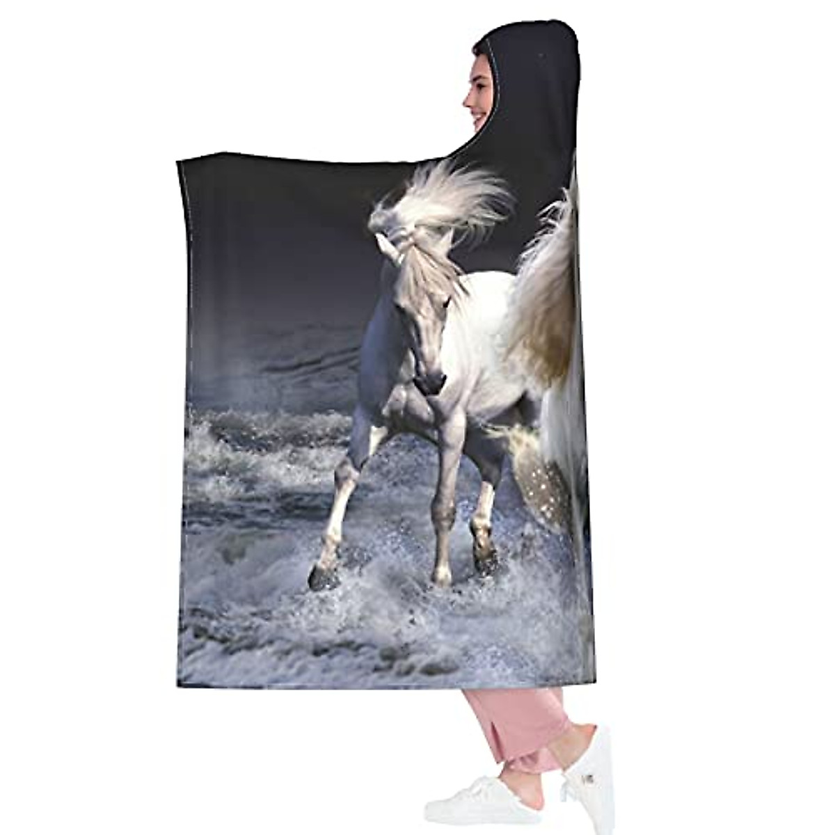 Hooded Blanket Throw Horse Running Hoodie Blanket Wearable Blanket Microfiber Soft Hooded Blanket for Kids Men Women