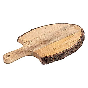 GoCraft Wooden Cutting Board with Tree Bark Rim | Paddle Shaped Mango Wood Live Edge Chopping, Prep, Serve Board with Handle | Charcuterie Platter - 16.75" x 9"