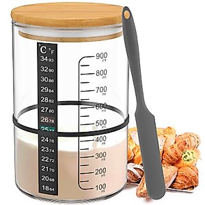 Sourdough Starter Jar with Wooden Lid 900ml Sourdough Starter Container, Wide Mouth Clear Sourdough Fermentation Jar Glass Starter Jar with Temperature Paper Spatula Rubber String for Baking Bread