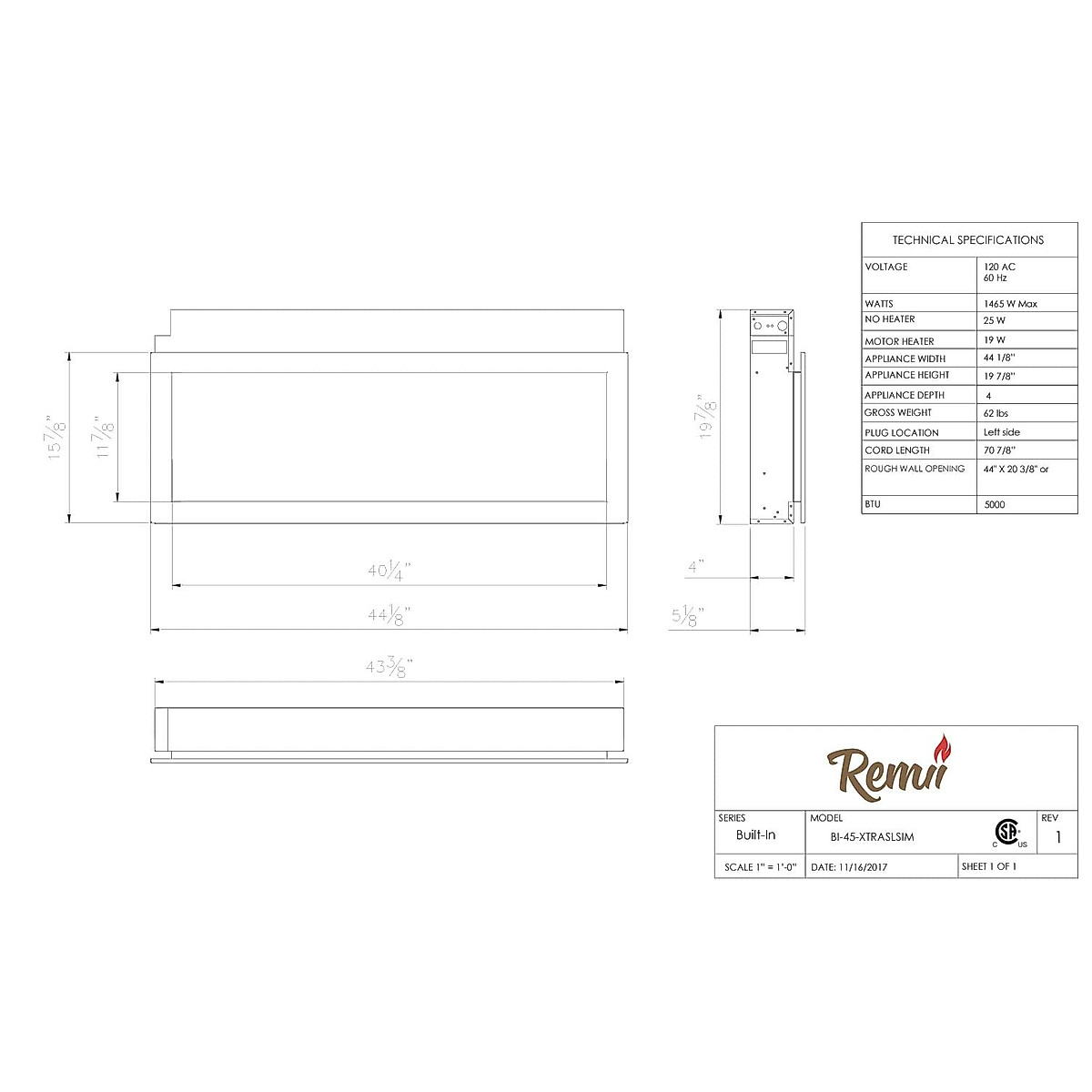 Remii 45" Extra Slim Indoor or Outdoor Electric Fireplace