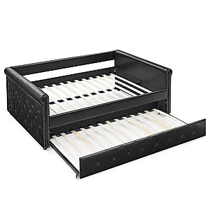 ATY Full Size Daybed with Twin Trundle, Upholstered Sofa Bed Design w/Button Tufted & Copper Nail, Perfect for Bedroom, Guestroom, Living Room, No Spring Box Needed, Black