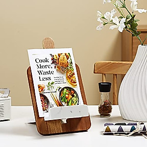 EVERBBKING Cookbook Stand，Acacia Wood Cutting Board Style Cookbook Holder for Kitchen Counter Adjustable iPad Tablet Recipe Book Stand with Marble Base