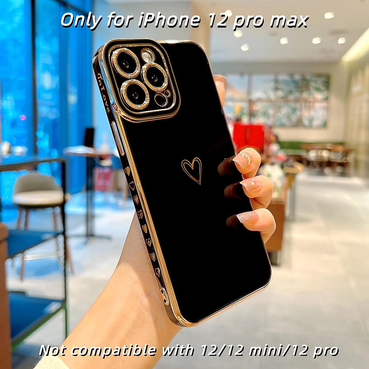 ROUTDOM Compatible with iPhone 12 Pro Max Case for Women Girls Aesthetic Cute Cool Luxury Trendy Gold Heart Design,Slim Thin Silicone Shockproof Protective Phone Cover for iPhone 12 Pro Max（Black）