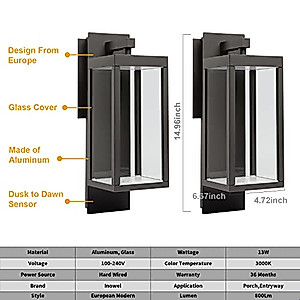 Inowel Outdoor Wall Sconce Lantern Dusk to Dawn Sensor LED Exterior Light Fixture IP54 Waterproof Classic Wall Light Aluminum Wall Mount Lamp Lighting for Porch Front Door Garden 13W 800Lm 3000K