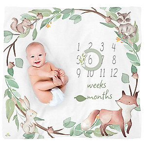 Itzy Ritzy Muslin Milestone Blanket Set; Includes One Blanket and Two Date Markers; Capture Weekly and Monthly Infant Milestones, Woodland Animals