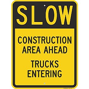 SmartSign 24 x 18 inch “Slow - Construction Area Ahead, Trucks Entering” Metal Sign, 80 mil Laminated Rustproof Aluminum, Black and Yellow, Made in USA
