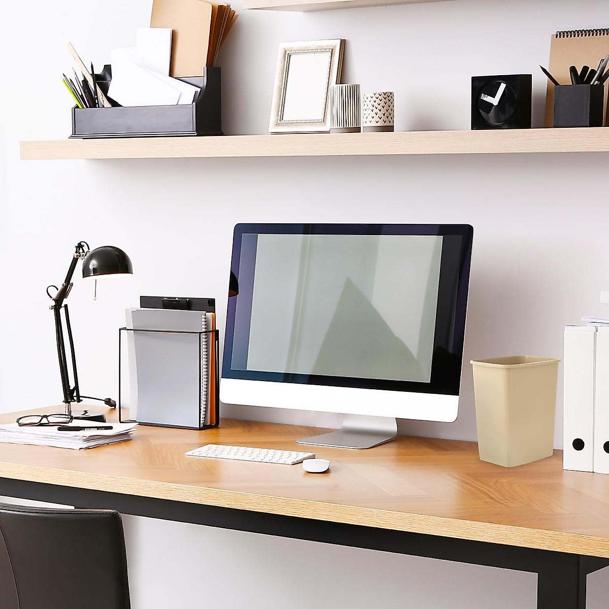 Superio 1.25 Gal Mini Plastic Trash Can, Small Waste Bin for Countertop, Desk, Vanity, Bathroom 5 Quart, Beige