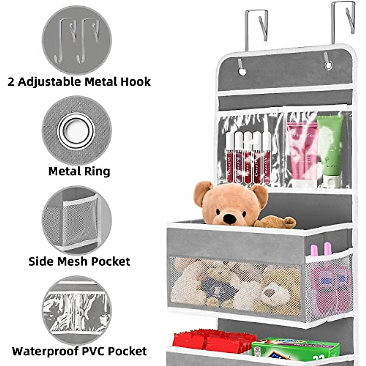 SHALORY 2 Pack Over The Door Hanging Organizer, Wall Mount Storage Hanging Organizer with 4 Large Capacity Pockets and PVC Pockets for Storage Cosmetics, Toys, and Sundries, etc（Grey）