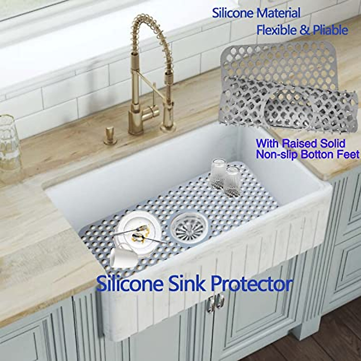 HiBD Silicone Sink Mat 1Piece Grey with Center Drain, Sink Protectors for Kitchen Sink, Silicone Sink Protector, Kitchen Sink Mats and Protectors, for Farmhouse Sink ( 24.8"x 13" )