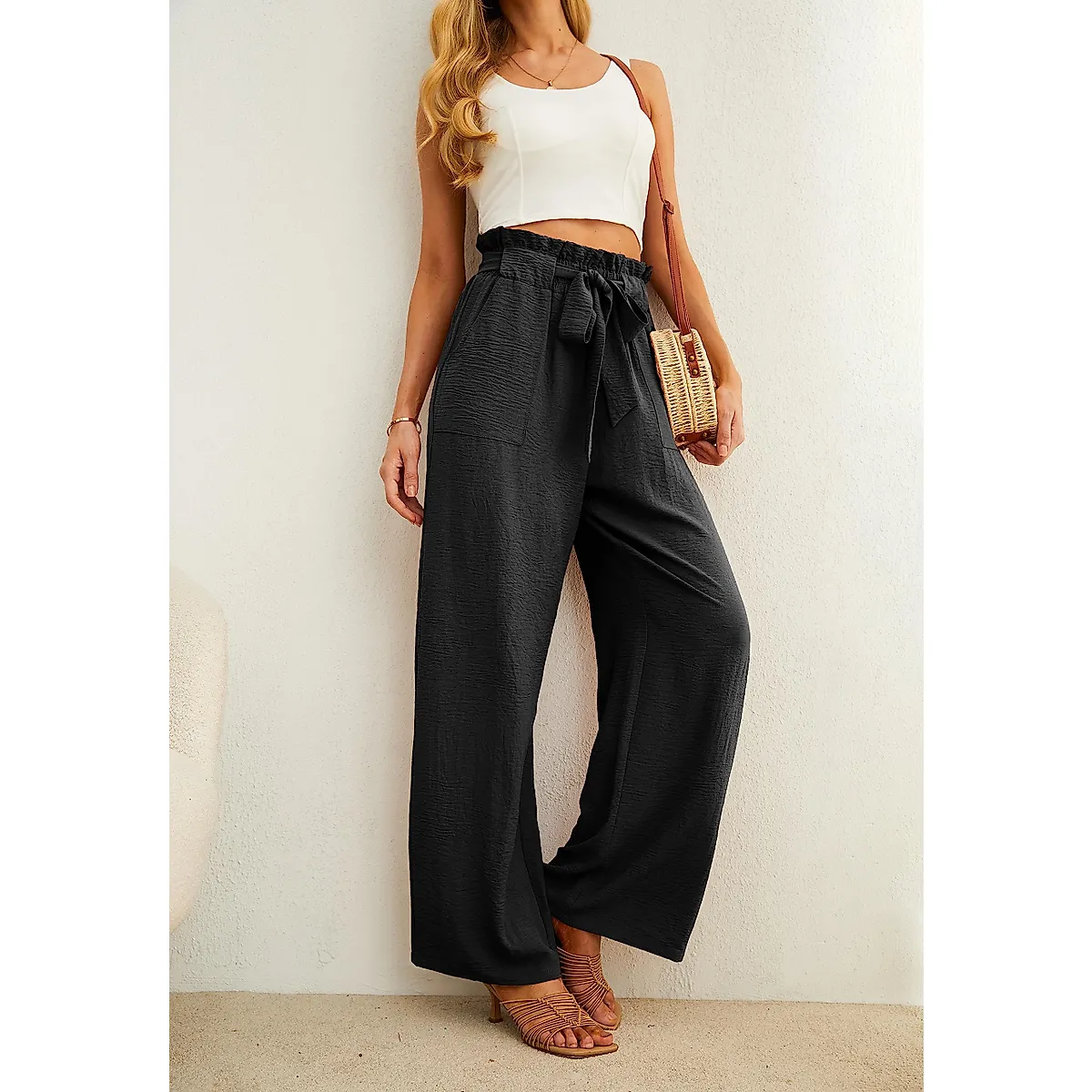 IWOLLENCE Women's Wide Leg Pants with Pockets High Waist Adjustable Knot Loose Casual Trousers Business Work Casual Pants Black Large