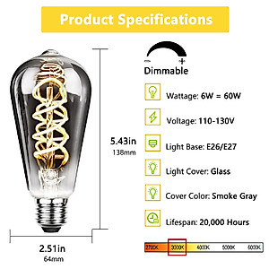 ZHZHLED ST64 Vintage LED Edison Bulbs 60 Watt Equivalent, Dimmable 3000K Warm White Smoky Grey Glass E26 Base 6W LED Filament Flexible Spiral Light Bulbs, Antique Style, 4 Pack