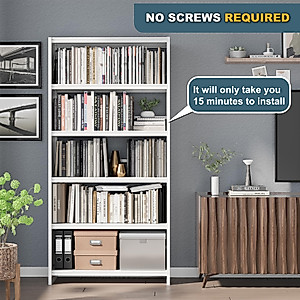 ZONLESON Bookshelf,5 Tier Bookshelves,69" Tall White Bookcase Shelf Storage Organizer,Free Standing Storage Shelving Unit for Home Office,Library White Bookshelf Metal Bookcase