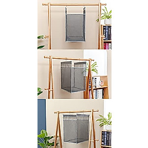 ALYER Hanging Collapsible Closet Mesh Laundry Hamper,Heavy Duty Laundry Basket and Durable Dorm Bathroom Storage Bag with Two Hangers,Gray
