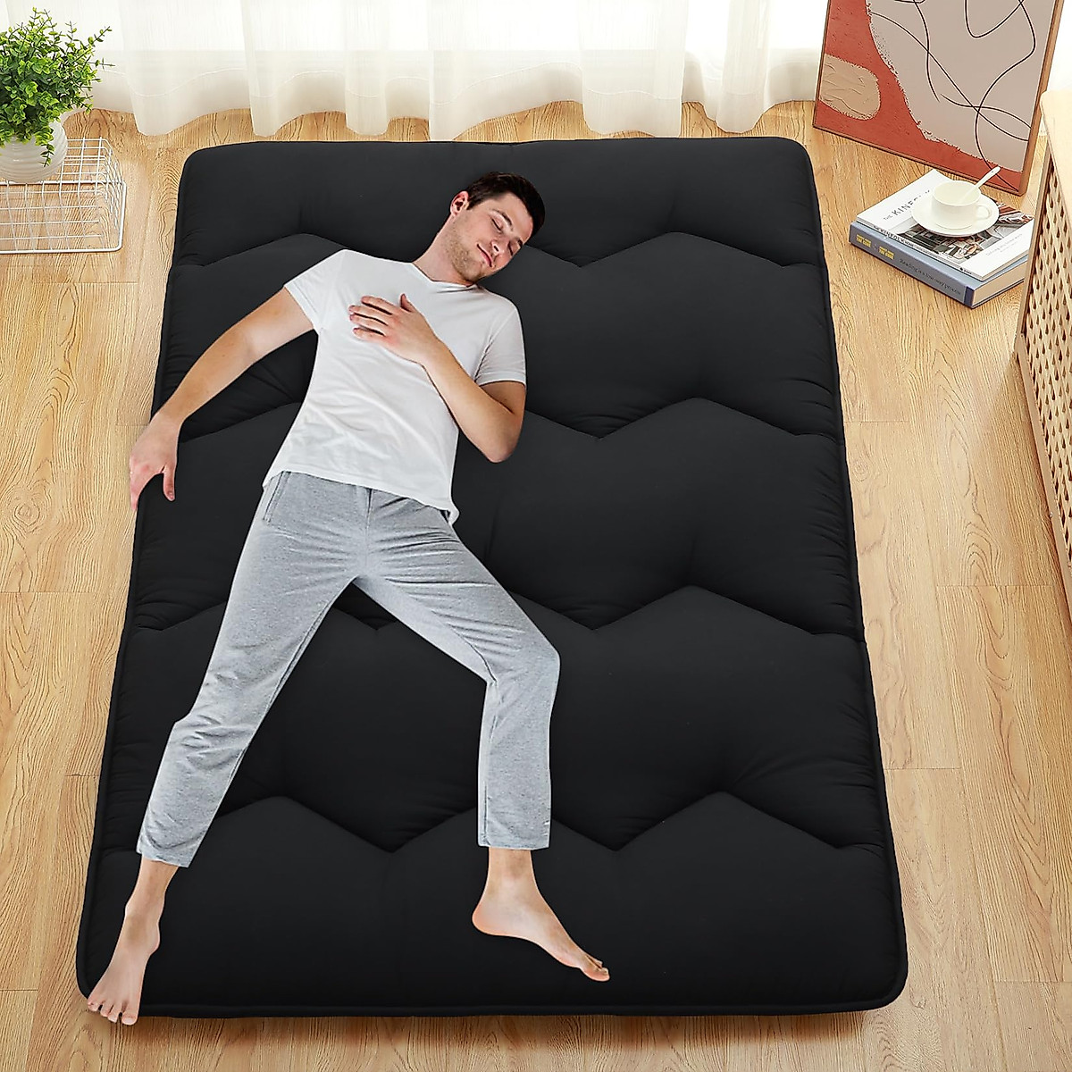 LULUWAY Japanese Futon Mattress, Full Size Foldable Japanese Style Floor Mattress Roll Up, Tatami Mat, Camping Mattress Pad, Black