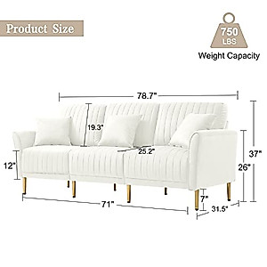 KIVENJAJA Velvet 3-Seater Sofa Couch, Modern Channel Tufted 3 Seat Couches with 2 Pillows & Gold Metal Legs for Living Room Bedroom Apartment, 78”W (Beige)