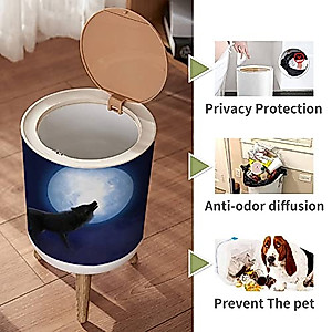 Small Trash Can with Lid for Bathroom Kitchen Office Diaper 3D rendering a black werewolf glowing red eyes howling at big moon Bedroom Garbage Trash Bin Dog Proof Waste Basket Cute Decorative