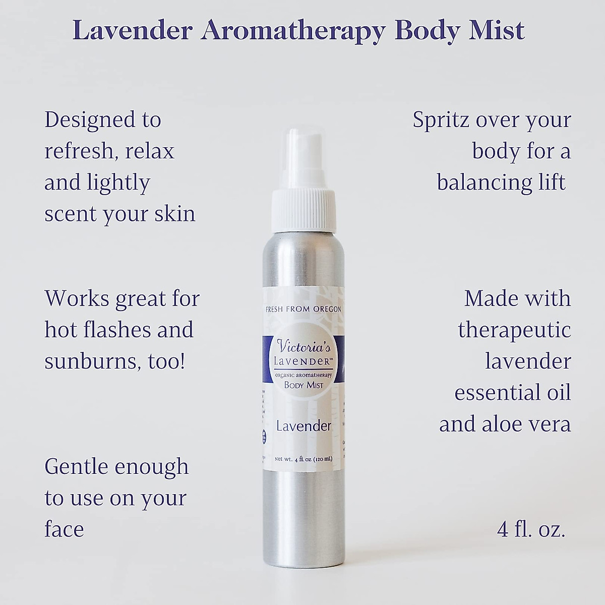 Victoria's Lavender Aromatherapy Body Mist Spray - After Sun Solar Recovery Spray with Aloe Vera plus Lavender Essential Oil - Hydrating, Moisturizing & Soothing Aloe Vera Spray, 4 oz (120 ml)