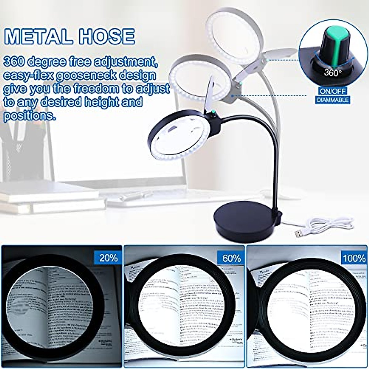Magnifying Glass with Light and Stand, 10X 20X Magnifying Desk Lamp with Brightness Stepless Dimmable , Adjustable Gooseneck for Reading, Close Work, Hobbies