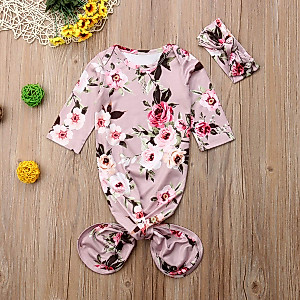 Mubineo Infant Newborn Baby Floral Sleeping Bag Swaddle Blanket with Headband Outfits (Grey, 0-6 Months)