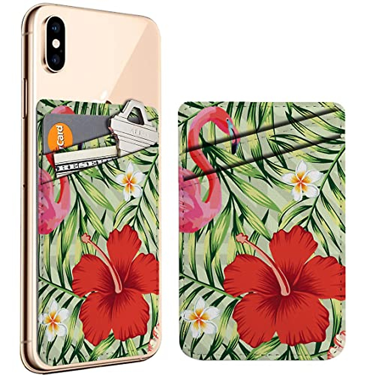 Pack of 2 - Cellphone Stick on Leather Cardholder ( Beautiful Bird Pink Flamingo Hibiscus Pattern Pattern ) ID Credit Card Pouch Wallet Pocket Sleeve