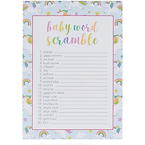 Juvale Baby Shower Game Card Packs - 5-Set Assorted Party Activity Supplies for 50 Guests, Including Bingo, Word Scramble, and Well Wishes, Unicorn and Clouds Design, 50 Sheets, 5 x 7 Inches