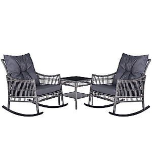 MUPATER 3-Piece Outdoor Rocking Chair Wicker Bistro Set with Table and Cushions, Patio Rattan Rocker Bistro Set for Porch, Grey