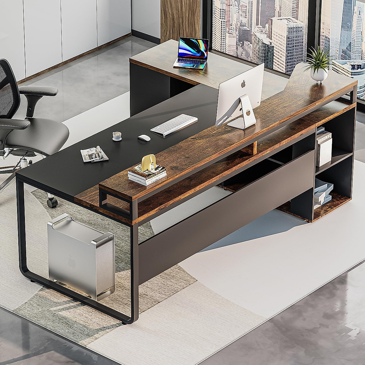 Vagaconl 68 inch Executive Desk,Writing Desk,L Shaped Desk with Cabinet Storage,Studio Office Desk with Shelves, Office Business Furniture Desk Workstation for Home Office, Brown and Black