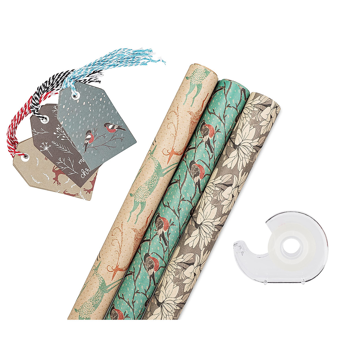 K-Kraft Elegant Christmas Wrapping Paper (Snow Birds-Deer-Ice Flowers/Printed Brown Kraft) 30" x15 Feet, 112.5 Square Feet Total with Tape and Tags