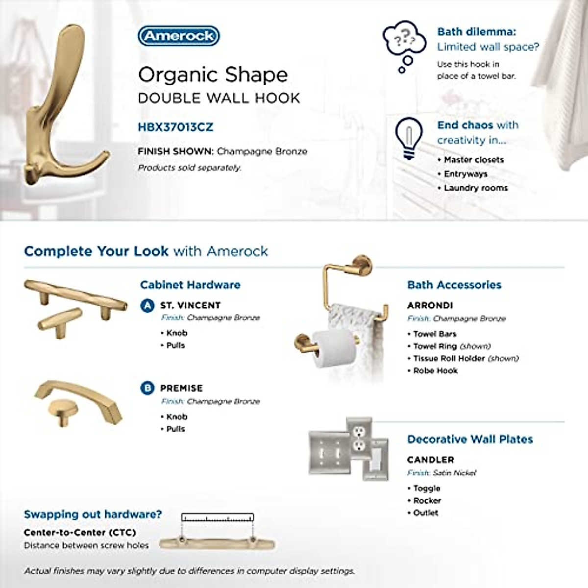 Amerock HBX37013CZ | Finesse Triple Prong Decorative Wall Hook | Champagne Bronze Hook for Coats, Hats, Backpacks, Bags | Hooks for Bathroom, Bedroom, Closet, Entryway, Laundry Room, Office