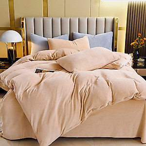 LweiPsqLin Velvet Duvet Cover Set Queen Size, Solid Flannel Comforter Cover 3Pcs Ultra Soft Fuzzy Cover with Zipper Closure Corner Tie (Beige, Queen)