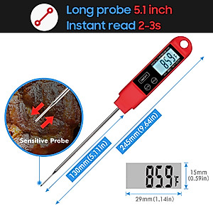 DOPI Instant Read Meat Digital Food Grade Probe Thermometer, Smart Ultra Fast with Backlight and Calibration Thermometer for Kitchen, Outdoor Grilling and BBQ (Red)