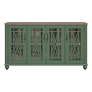Liviland 63" Farmhouse Engineered Wood Kitchen Accent Buffet Sideboard Cabinet with 4 Glass Paneled Doors, Adjustable Shelves, Assembly Required, for Kitchen/Dining Room/Living Room/Entryway, in Green