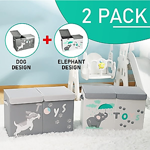 Kids Toy Storage Box (2pc) Large, Lightweight Collapsible Sturdy Toy Storage w/Flip-Top Lid & Handles – Fabric Chest/Bin/Basket/Trunk/Organizer for Toddler (24.5" x 12" x 16") (Dog & Elephant)