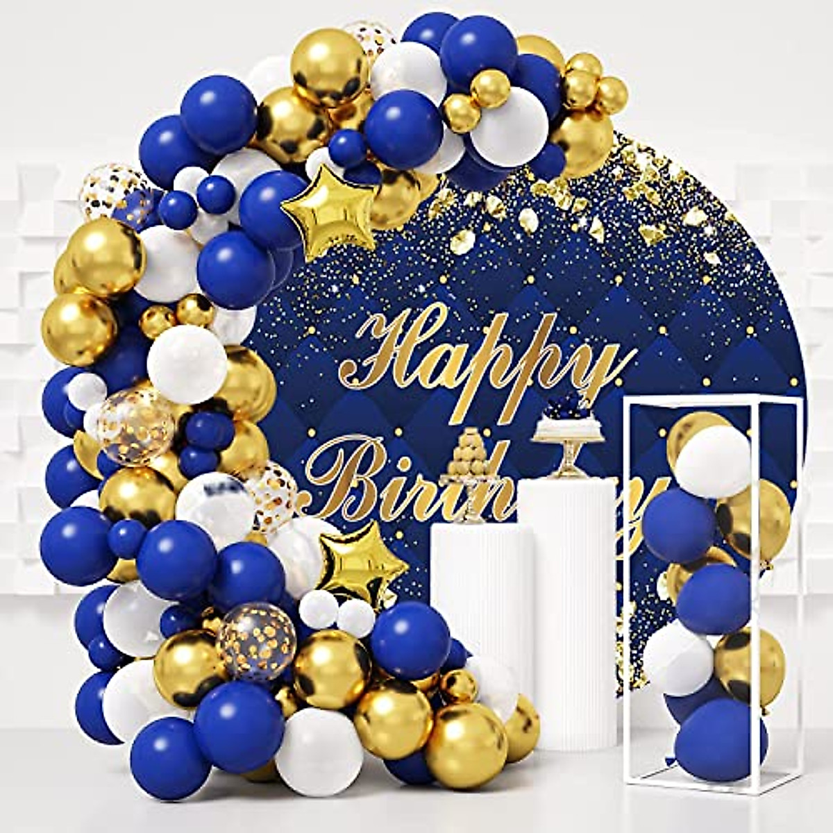 Canessioa 7.2x7.2ft Royal Blue Birthday Round Backdrop Cover Diamonds Chips Golden Glittering Round Backdrop Polyester Kids Adult Birthday Party Photo Shoot Backdrop Cake Table Decoration Banner